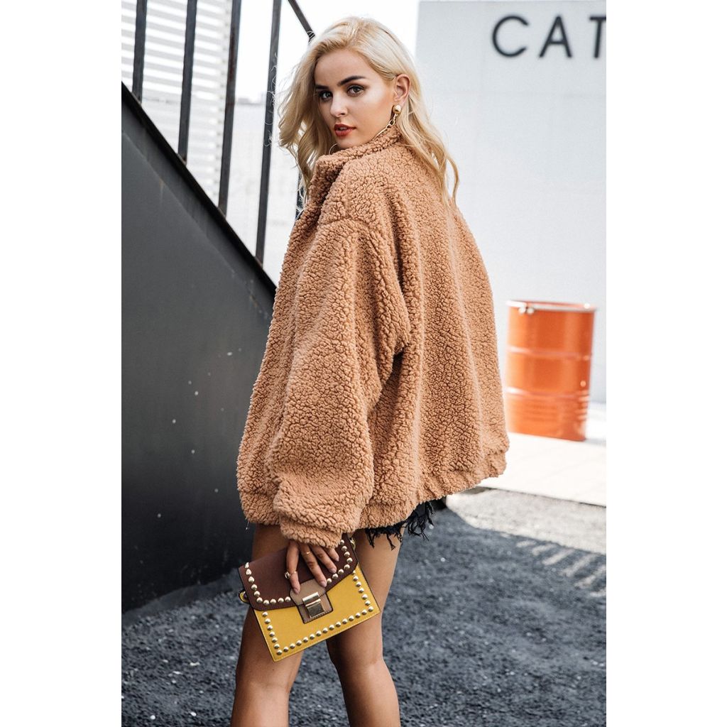 Oversized Teddy Bear Zipup Jacket - Camel – Pomkin
